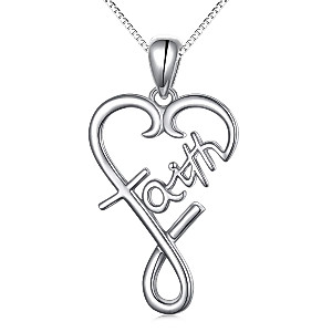 DAOCHONG S925 Sterling Silver Word Calligraphy Jewelry Faith Inspirational Message Charm Love Heart Pendant Necklace For Women Men,18 inches