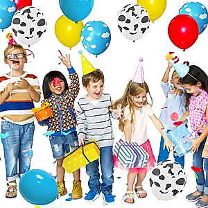 60Pcs 12inch Toy Inspired Story Balloons Kit Cow Pattern Cloud Yellow Red Blue Green Latex Balloons for Kids Toy Inspired Story Theme Birthday Party Supplies Decorations