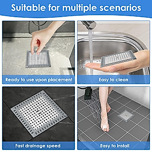 4 Pcs Shower Drain Hair Filter Mesh Tub Drain Protector with Silicone Rim Anti Slip Sink Hair Stopper Stainless Steel Hair Strainer Bathtub Hair Trap Stopper for Kitchen Bathroom Laundry (Square)