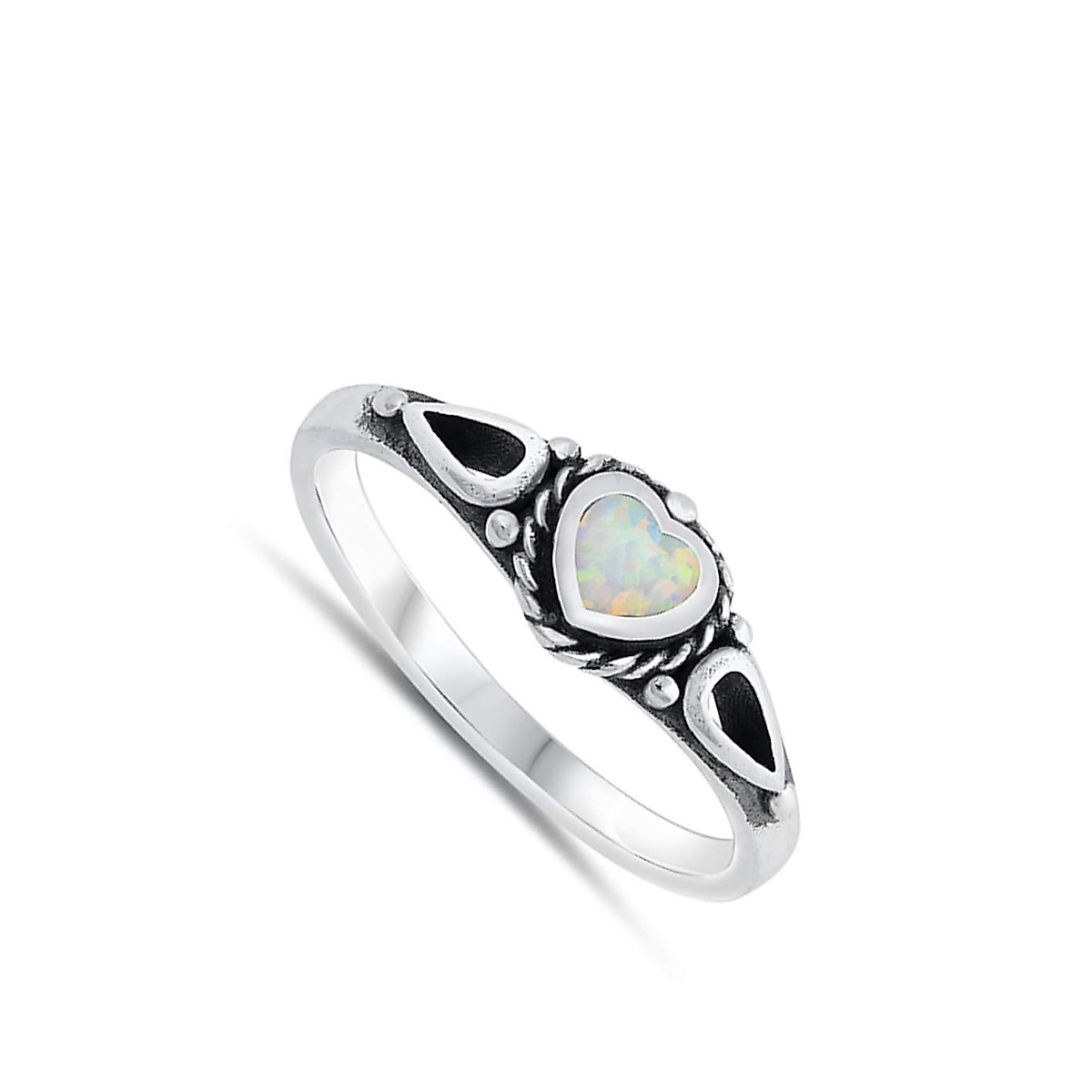 White Simulated Opal Rope Heart Unique Promise Ring New .925 Sterling Silver Band Size 7