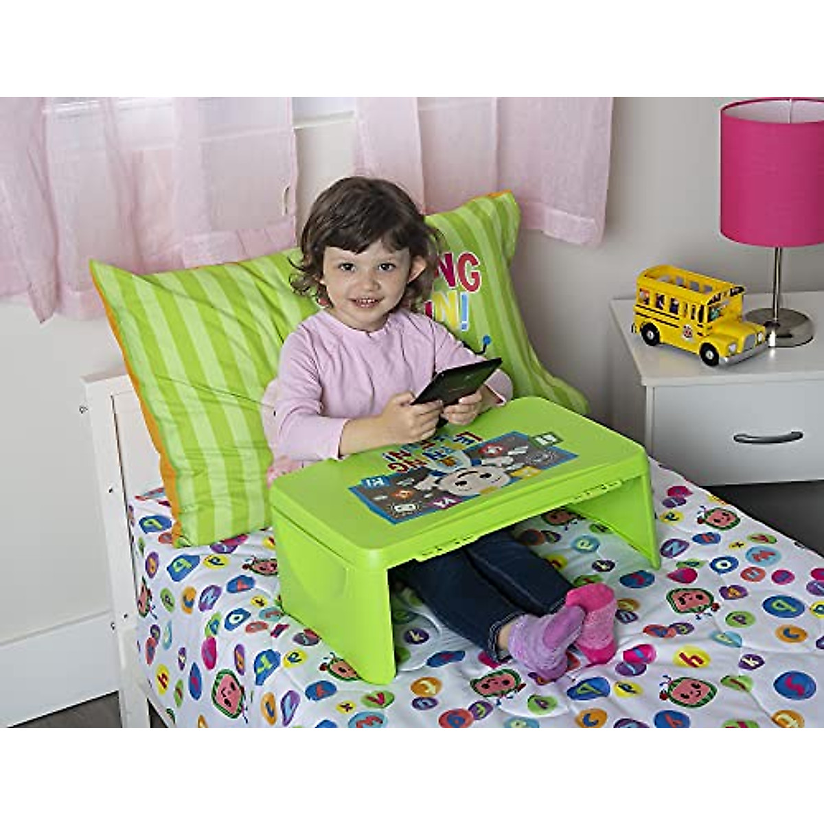 CoCoMelon Kids Lap Desk with Storage - Folding Lid and Collapsible Design - Portable for Travel or use in Bed at Home - Great for Writing, Reading or Other School Activities