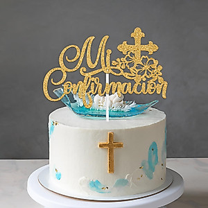 Mi Confirmacion Cake Topper, Mi Primera Comunion, First Holy Communion, Bridal Shower/Wedding/Baptism/Christening Baby Shower Party Decorations, Gold Glitter