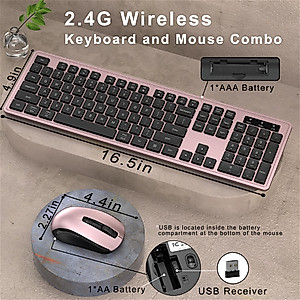 MPTOG Wireless Keyboard and Mouse Combo, Full-Size 104-Key Office Keyboard with 15 Function Keys, Numeric Keypad, Single USB Receiver, Compatible with PC and Laptop(Pink)