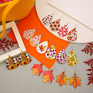 16 Pairs Fall Faux Leather Teardrop Earrings Plaid Pumpkin Sunflower Maple Leaves Autumn Jewelry Thanksgiving Accessory for Women
