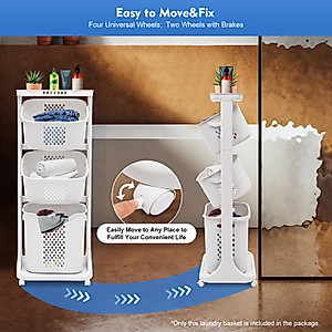 LINISHOP 3-Tier Laundry Basket Free Standing Dirty Clothes Storage Basket Organizer Shelf Household Kitchens Bathrooms 360° Rolling With Four Universal Wheels PP White New