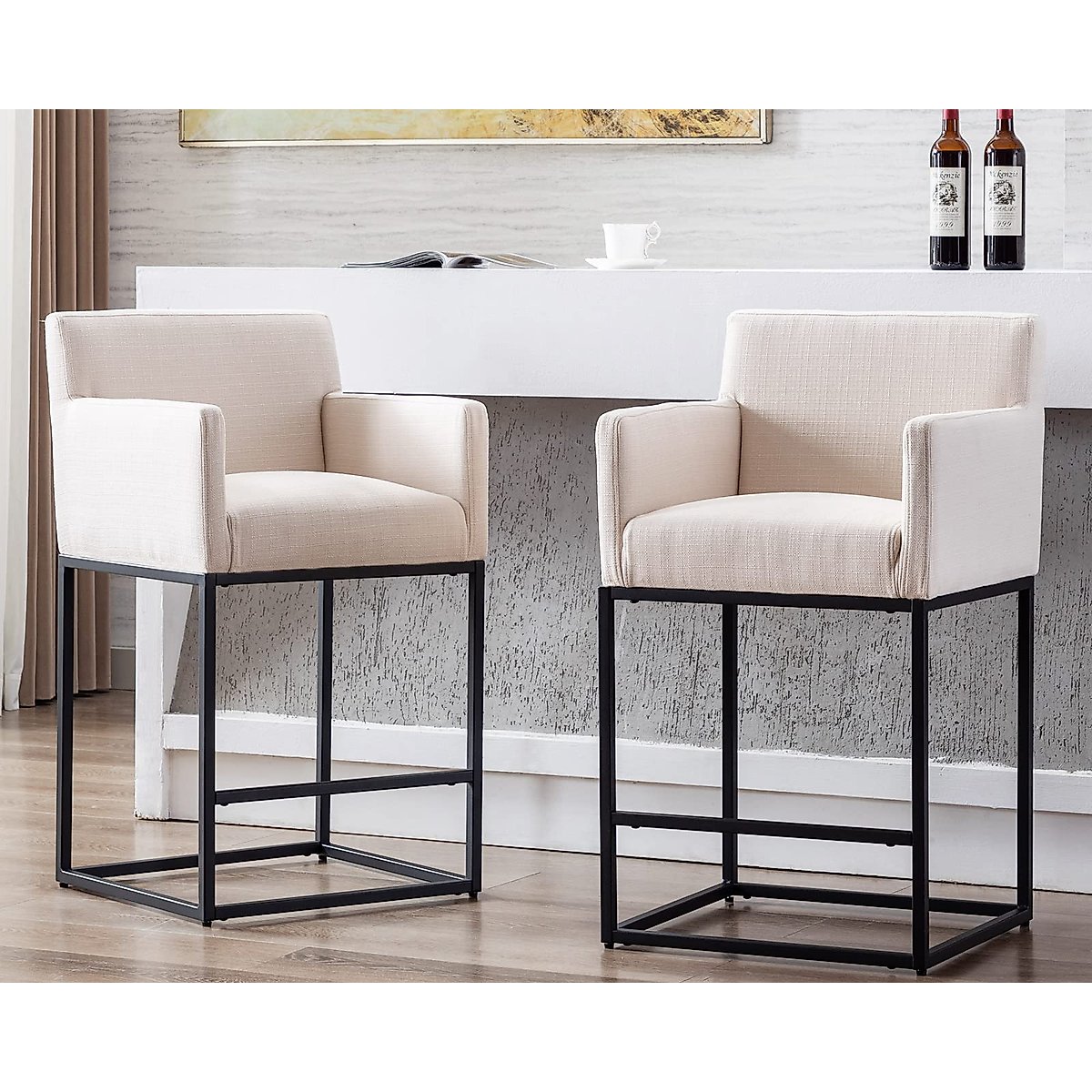 Modern Counter Height Bar Stools Set of 2, Linen Fabric Upholstered Bar Stools with Backs, 26 Inch Kitchen Island Stools with Black Metal Frame, Cream