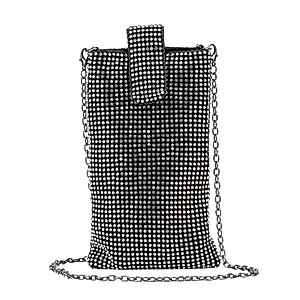 Olivia Miller Women’s Fashion Cami Black Gunmetal Rhinestone Mesh Iridescent Cell Phone Crossbody Mini Bag, Everyday Casual Evening Purse Handbag