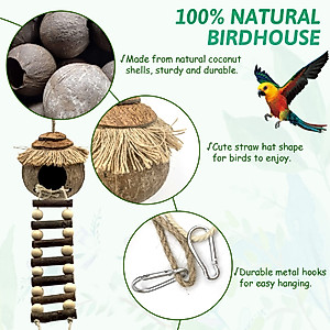 Tfwadmx Hanging Bird House with Ladder Natural Coconut Fiber Birds Nest Coco Shell Hideaway Lovebird Swing Toys Parrot Cage Accessories for Parakeet Finch Parrot Canary