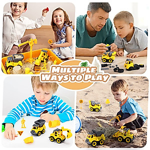 OENUX Play Sand Construction Set, Beach Building Castle Kit w/ 2.2lbs Play Sand, 4 Take Apart Construction Trucks Toys and Signs, Sensory Sandbox with Cover for Boy Girl Kid Toddlers Age 3-8