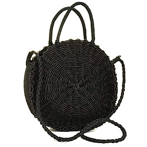 Women Straw Crossbody Bag Weave Shoulder Bags Round Summer Beach Purse Handbags (Black) One Size