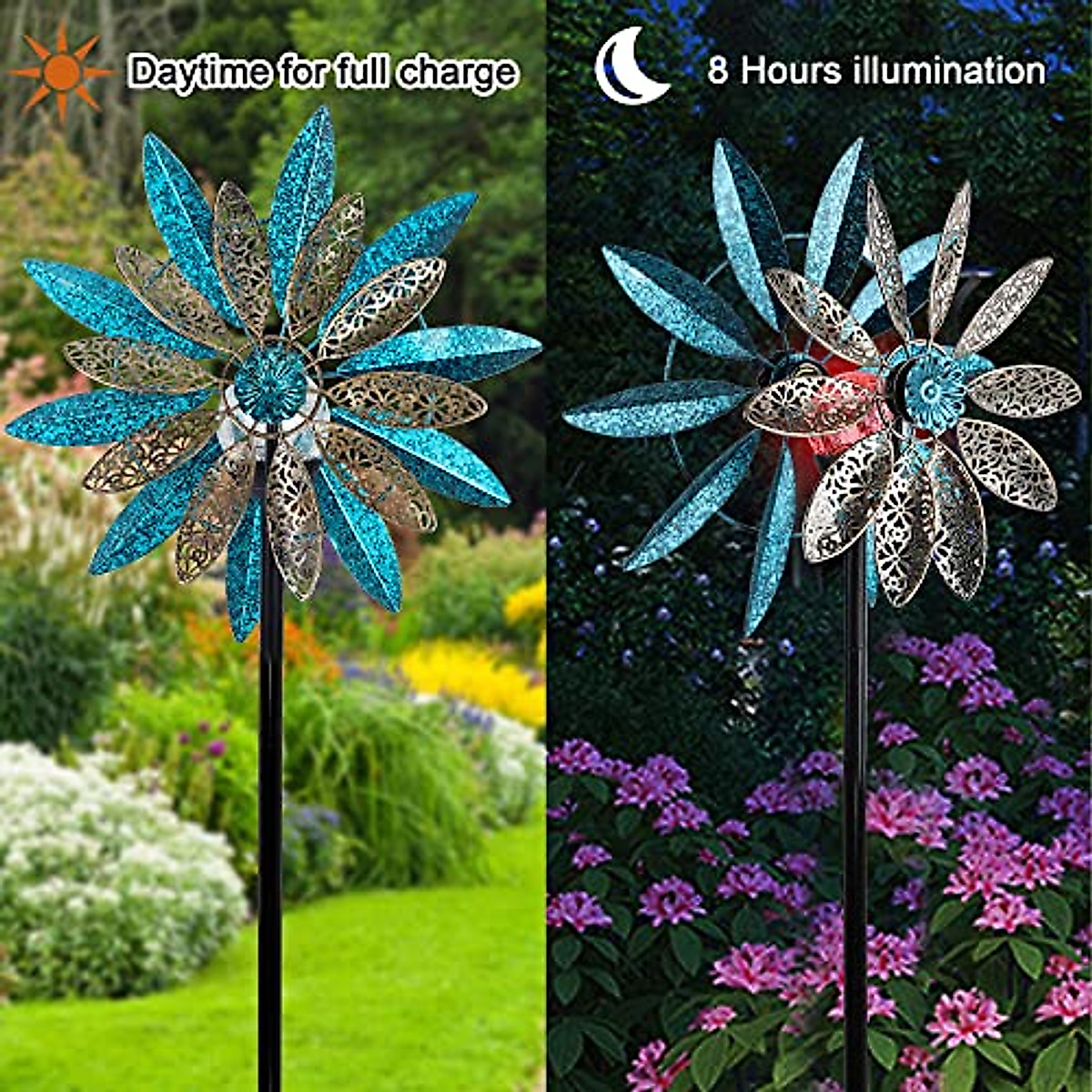 Glintoper Solar Wind Spinner, Outdoor Metal Stake Yard Spinners, Hollow Leaf Garden Kinetic Wind Catcher Wind Mills, Solar Powered Color Changing LED with Glass Ball, for Patio Lawn Yard
