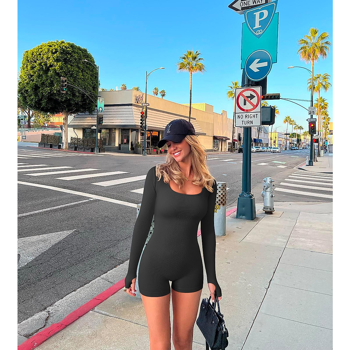 TOB Women's Yoga Rompers Workout Ribbed Long Sleeve Square Neck Sport Jumpsuits Rompers Black