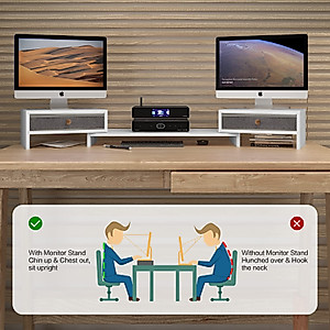 LAPTAIN Dual Monitor Stand Riser with 2 Drawers, Screen Stand with Adjustable Length and Angle, Desktop Organizer Stand for Laptop Computer/TV/PC