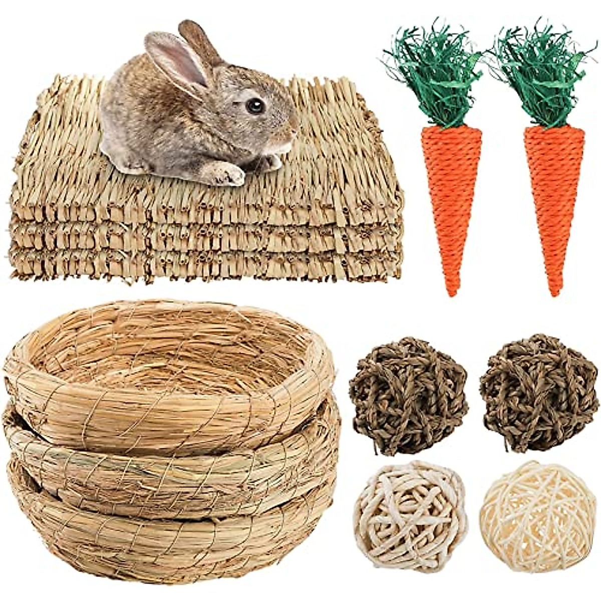 Yesland Woven Bed Mat for Rabbits - Set of 12 - Grass Mat Bunny Bedding Nest with Small Animals Play Balls Rolling Chew Toys for Guinea Pig Chinchilla Squirrel Hamster Cat Dog and Small Animal