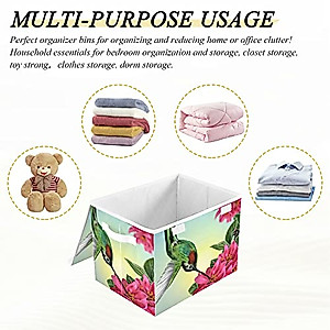 WELLDAY Green Hummingbird Flower Storage Baskets Foldable Cube Storage Bin with Lids and Handle, 16.5x12.6x11.8 In Storage Boxes for Toys, Shelves, Closet, Bedroom, Nursery