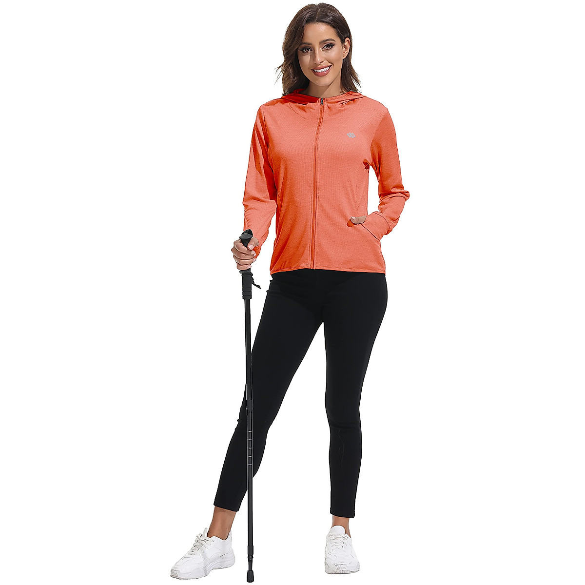 MoFiz Horse Riding Shirts for Women Long Sleeve UV Protection Hoodie Zip-up Biking Shirt Orange S
