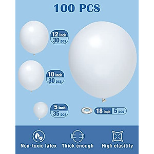 Ponamfo White Party Latex Balloons - 100Pcs 18"+12"+10"+5" Ballons Balloon Arch Kit as Birthday Party Balloons Gender Reveal Balloons Baby Shower Balloons Wedding Anniversary Bridal Shower Party