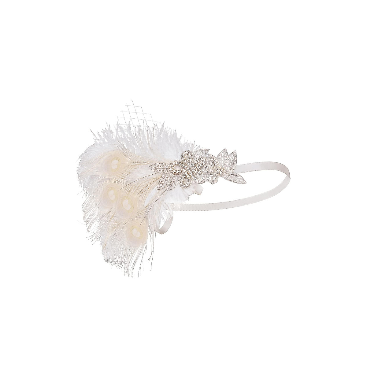 BABEYOND Women's Peacock Gatsby Party Wedding Headband with Ribbon Flapper Costumes Accessories Peacock Headband with Feather Apricot