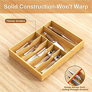 NIKUY Kitchen Bamboo Drawer Organizer - 13 Inch Silverware Utensil Tray Holder with Extra Deep Grooved Drawer Divider - 7 Slots Total Bamboo Wood Caddy for Flatware Cutlery Knives, Forks, Spoons