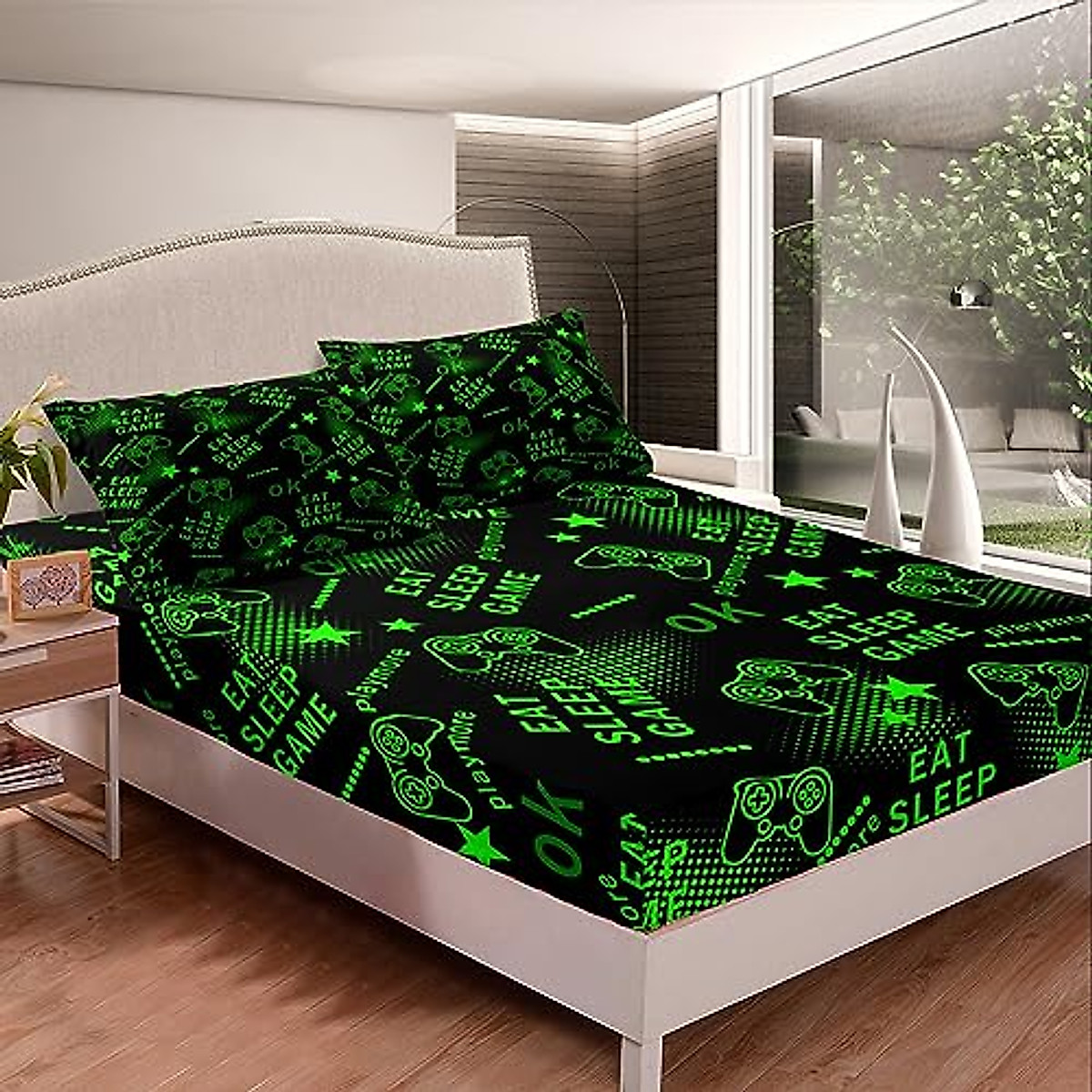 Teen Gaming Bed Sheets Gamepad Game Geometric Pattern Sheet Set for Kids Boys Girls Green Decor Bed Set Eat Sleep Play Gaming Sheets Room 4Pcs Full Size