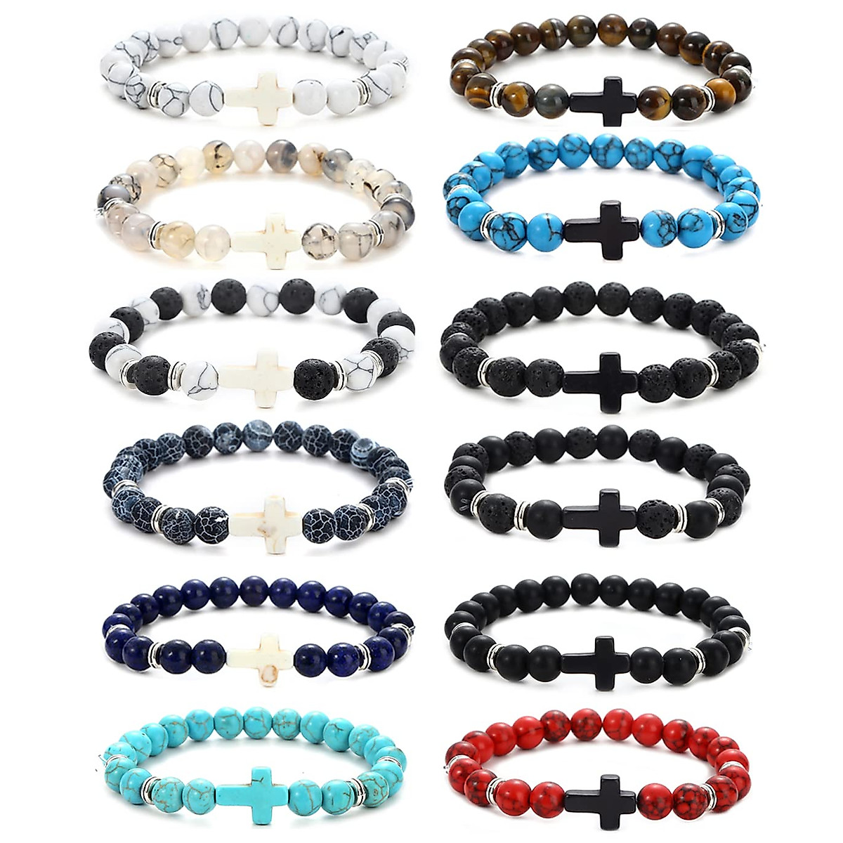 Svovin 12Pcs Fashion Religion Cross Men Women 8mm Natural Stone Lava Tiger Eye Stretch Anxiety Bracelets Unisex 7.5"