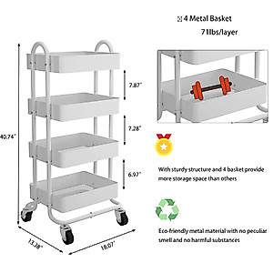 MIOCASA 4-Tier Metal Utility Rolling Cart, Heavy Duty Multifunction Cart with Lockable Casters, Easy to Assemble, Suitable for Office, Bathroom, Kitchen, Garden (White)