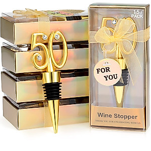 15 Pieces Birthday Wine Stopper for Birthday Party Favors Presents Zinc Alloy Silicone Wine and Beverage Bottle Stoppers Wedding Anniversary Souvenirs Decorations for Guests (50 Years Old)