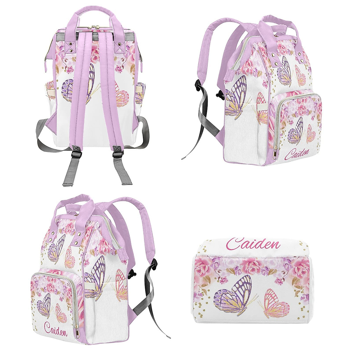 Butterfly Pink Purple Floral Personalized Diaper Backpack with Name,Custom Travel DayPack for Nappy Mommy Nursing Baby Bag One Size