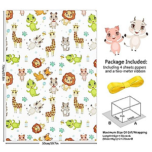 Animals Jungle Wrapping Paper for Baby Infant Boys Girls, Forest Giraffe Lion Dinosaur Pig Fox Feeder Gift Wrapping Paper Sheet with Ribbon for Baby Shower Birthday Kindergarten Newborn Children Kids