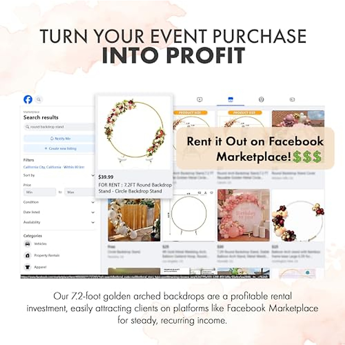 7.2FT Round Backdrop Stand - Circle Backdrop Stand Gold Balloon Arch Frame kit - Metal Wedding Arch Backdrop Stand - Circle Arch Gold Arch for Parties, Wedding, Baby Shower Decorations