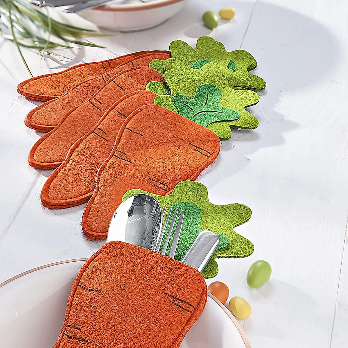 GALPADA 6pcs Carrot and Fork Bag Easter Tableware Bags Cutlery Pouch Flower Embellishments Cutlery Bags Rabbit Dinnerware Easter Decorations Flowers Accessories Felt Cloth Banquet