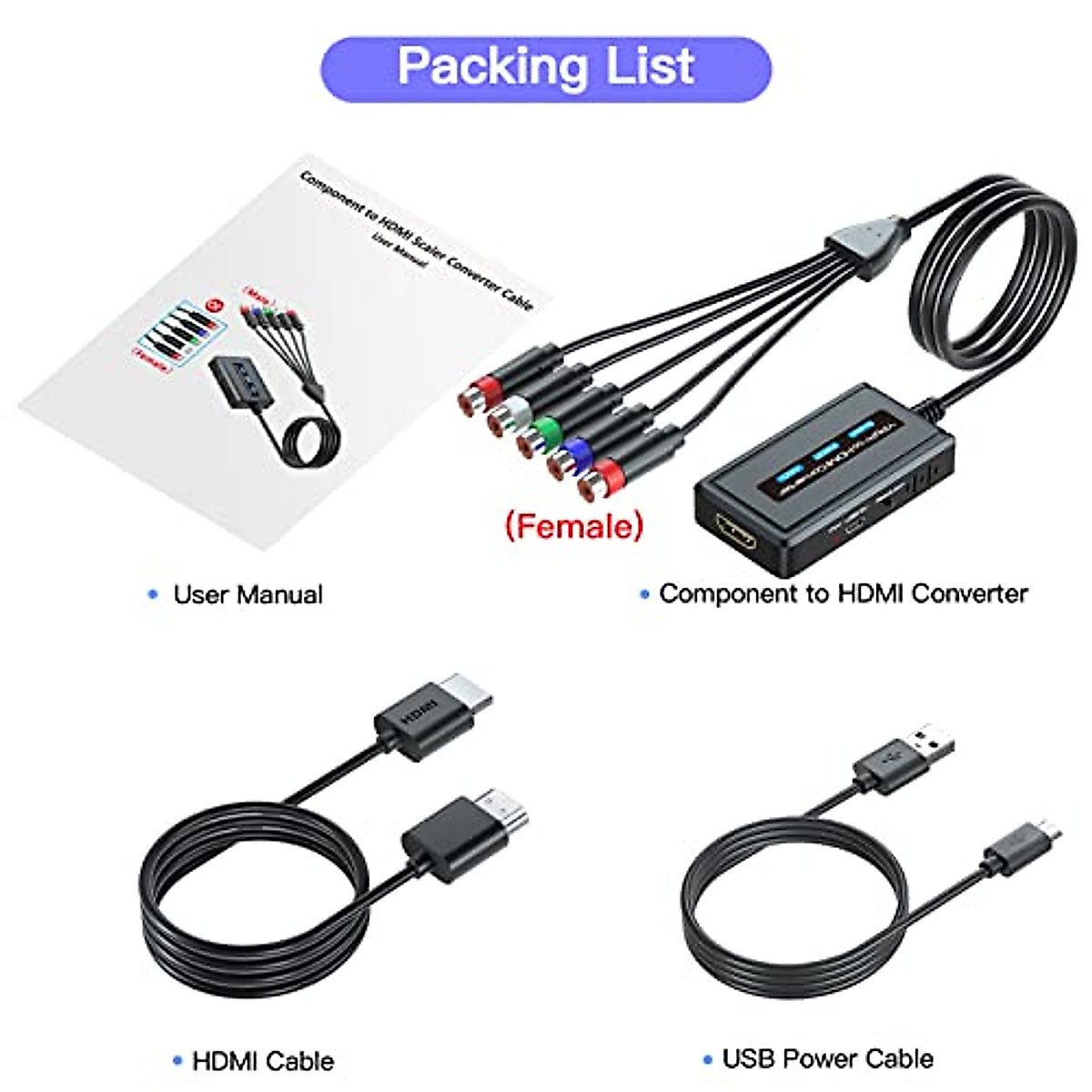 Female Component to HDMI Converter with Scaler Function for PS2/ NGC/ Xbox/ Wii with Male Component, RGB to HDMI Scaler Converter with HDMI and Integrated Component Cables, YPbPr to HDMI Converter…