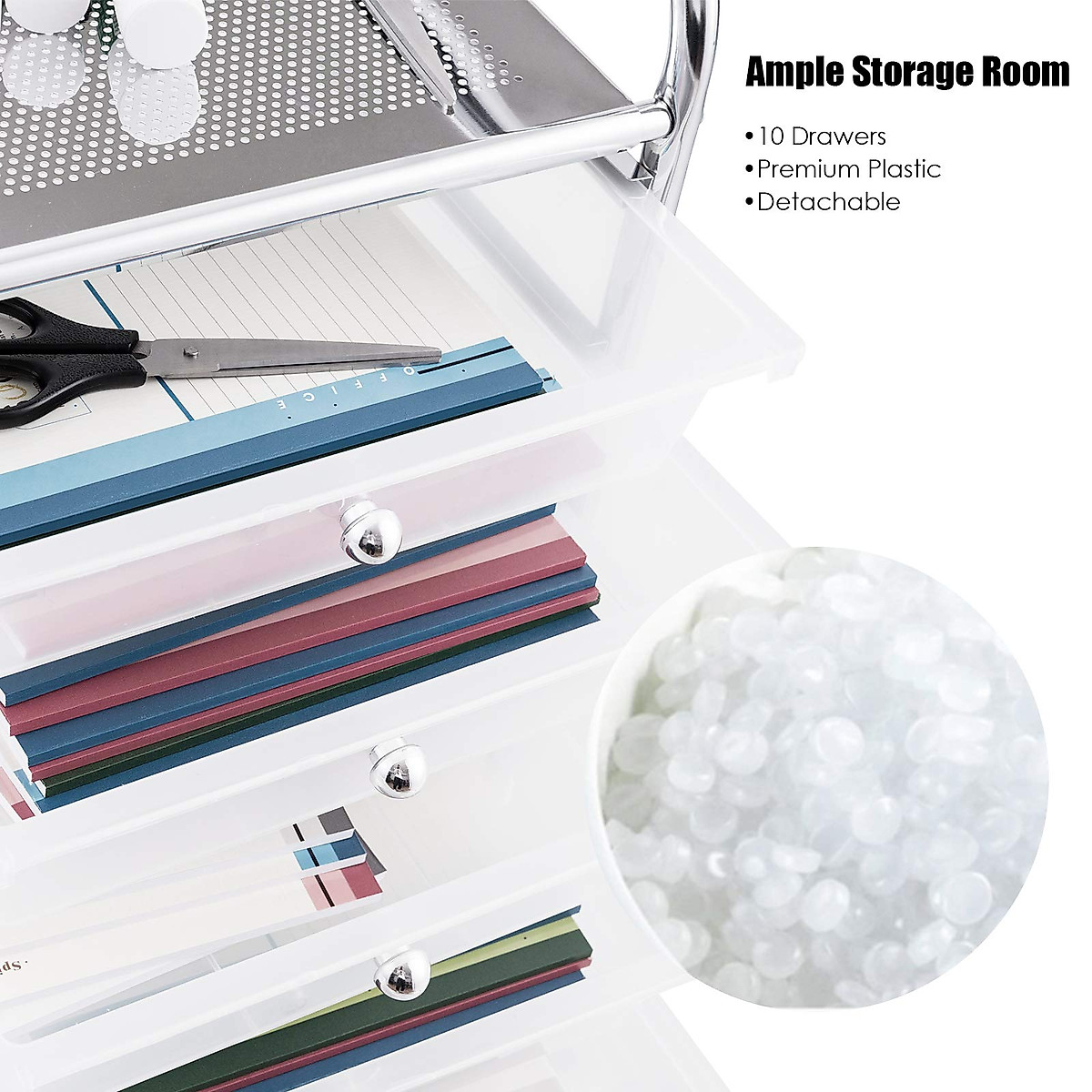 ORALNER 10-Drawer Rolling Storage Cart, 10 Tiers Utility Cart w/Wheels, Metal Frame Home Office School Organizer Cart, Mobile Space Saving File Storage Organizer Cart w/Lockable Casters (Clear)