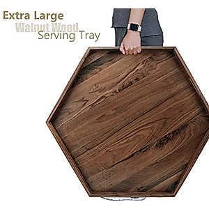 MAGIGO 30 x 26 Inches Extra Large Hexagonal Black Walnut Wood Ottoman Tray with Handles, Serve Tea, Coffee, Classic Hexagon Wooden Decorative Serving Tray