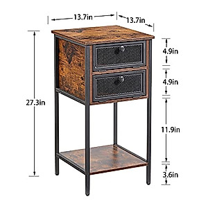 VECELO Tall End Side Table, 27.3''Nightstands Storage Shelf, 2 Set Sturdy Steel Frame for Bedroom, Living Room, Industrial Design,Rustic Brown, 2 Drawers