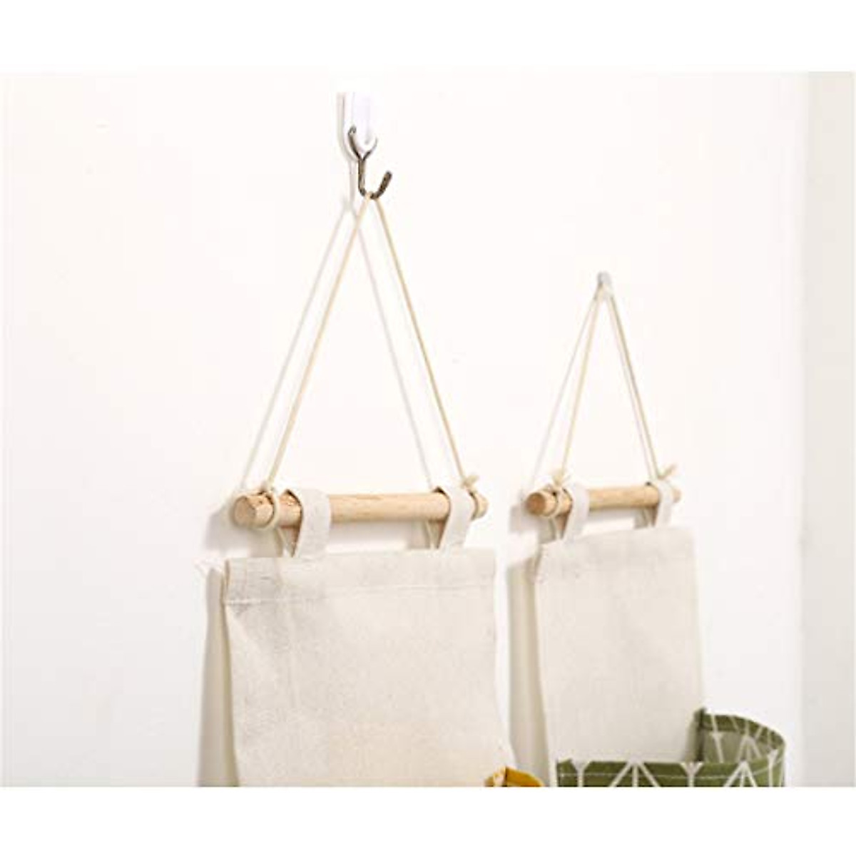 Votono Hanging Storage Bag Wall Mounted 3-Bag Door Organizer Linen Cotton Fabric 2 Pack for Room and Bathroom (2 Pack Green)