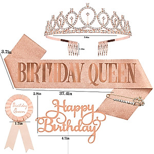 Birthday Decorations for Women Including Birthday Sash & Pin, Crown, Birthday Cake Topper, Birthday Pin Button. Queen Sash and Birthday Tiara for Women and Grils. (Rose Gold)