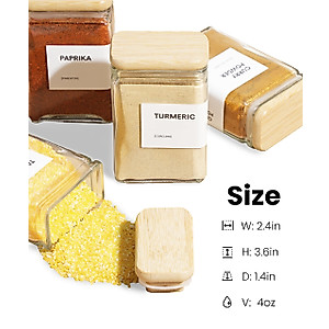 Glass Spice Jars with Labels - 4oz Glass Jars with Bamboo Lids, Square Spice Jars with Labels, Empty Spice Bottles for Seasoning Organizer, Spice Drawer Organizer and Kitchen Storage, 12 Pack, White