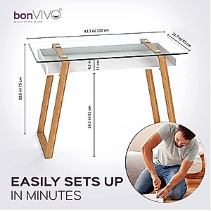 bonVIVO Massimo Small Desk - 43 Inch, Modern Computer Desk for Small Spaces, Living Room, Office and Bedroom - Study Table w/Glass Top and Shelf Space - White