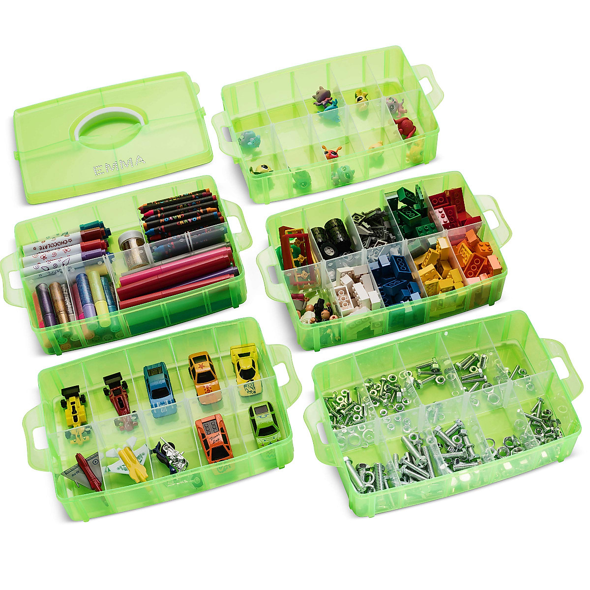 LifeSmart USA Stackable Storage Container Green 50 Adjustable Compartments Compatible with Lego Dimensions LOL Surprise Littlest Pet Shop Arts and Crafts and More (5 Tier)