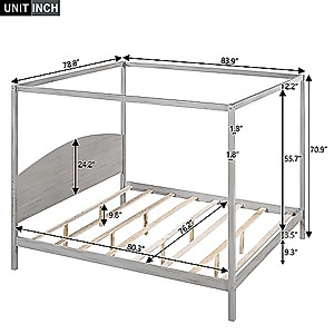 King Size Canopy Bed Frame with Headboard and Support Legs, King Canopy Bed King Size Canopy Bed Frame, Solid Wood King Bed Frame, 4-Post Canopy Bed Frame, No Box Spring Needed, Grey Wash
