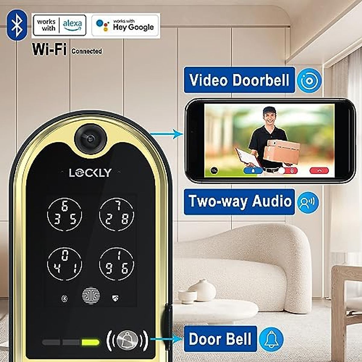 Lockly Vision Smart Lock, Camera Video Two-Way Audio 6-in-1 Keyless Entry Door Lock with Doorbell Fingerprint Door Lock with APP Control Digital Keypad Wi-Fi Deadbolt Door Locks- Brushed Gold