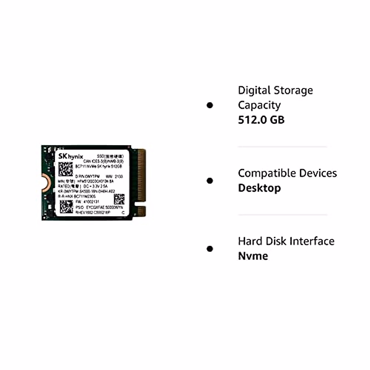 SKHynix BC711 512GB NVMe PCIe M.2 2230 30mm Solid State Drive - HFM512GD3GX013N BA- OEM Packaging