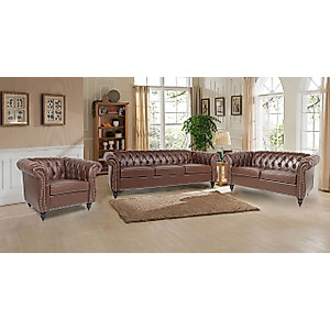 RARZOE 3 Pieces Living Room Furniture Sofa Sets,Modern Faux Leather Chesterfield Sofa&Chesterfield Club Chair&Chesterfield Loveseat Sofas Set with Nailhead Trim Scroll Arms for Living Room,Dark Brown