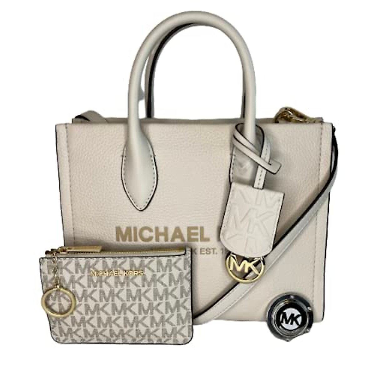 Michael Kors Mirella Small Shopper Top Zip Bag bundled SM TZ Coinpouch Purse Hook (LT Cream Multi/Vanilla PVC)
