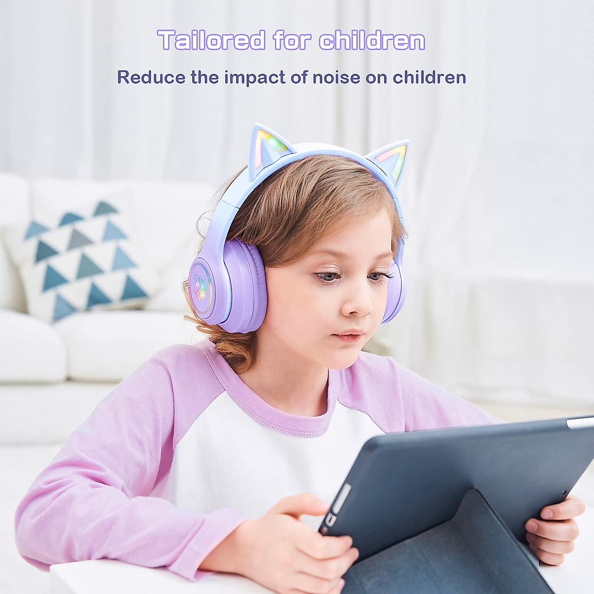 Bluetooth Cat Ear Headphones for Kids & Adults, Wireless & Wired Mode Foldable Headset with Mic - Clear Sound Quality - RGB LED Light, for Girls School Gaming, for Phone/Laptop/PC/Tablet, Purple