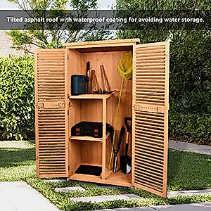 JOVNO Outdoor 63" Wood Storage Shed Tool Organizer Garden Storage Cabinet with Waterproof Roof, Lockable Doors, 3-Tier Shelves for Patio Lawn Backyard Home Garage