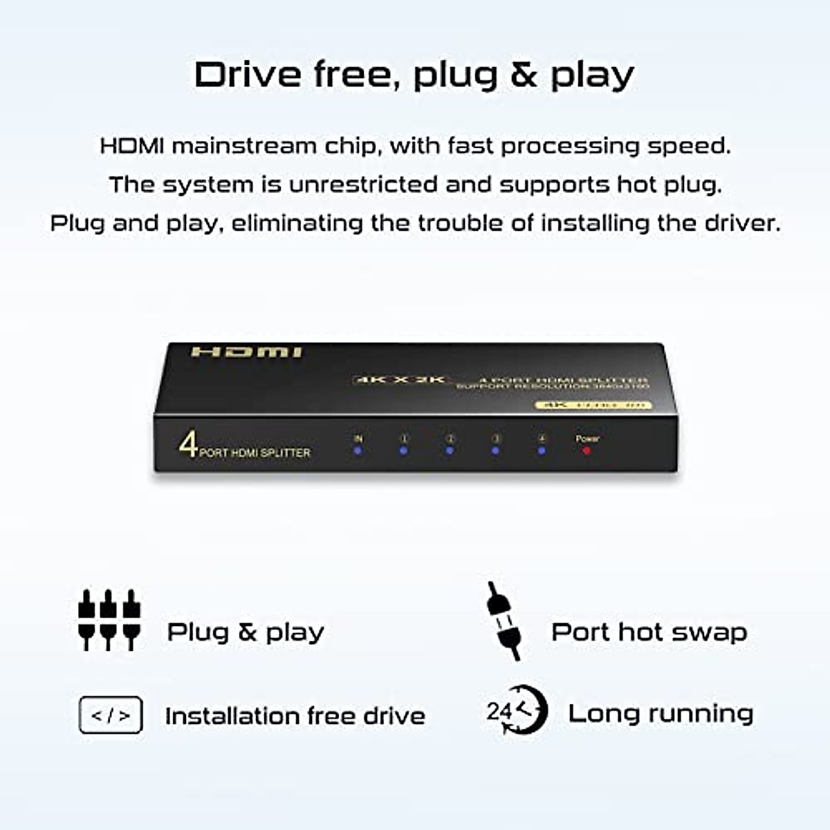 4K HDMI Splitter 1 in 4 Out, HDMI Splitter 1 Input 4 Output Support 4K 60Hz Full HD 1080P and 3D, Compatible with Xbox PS3/4 Roku Blu-Ray Player