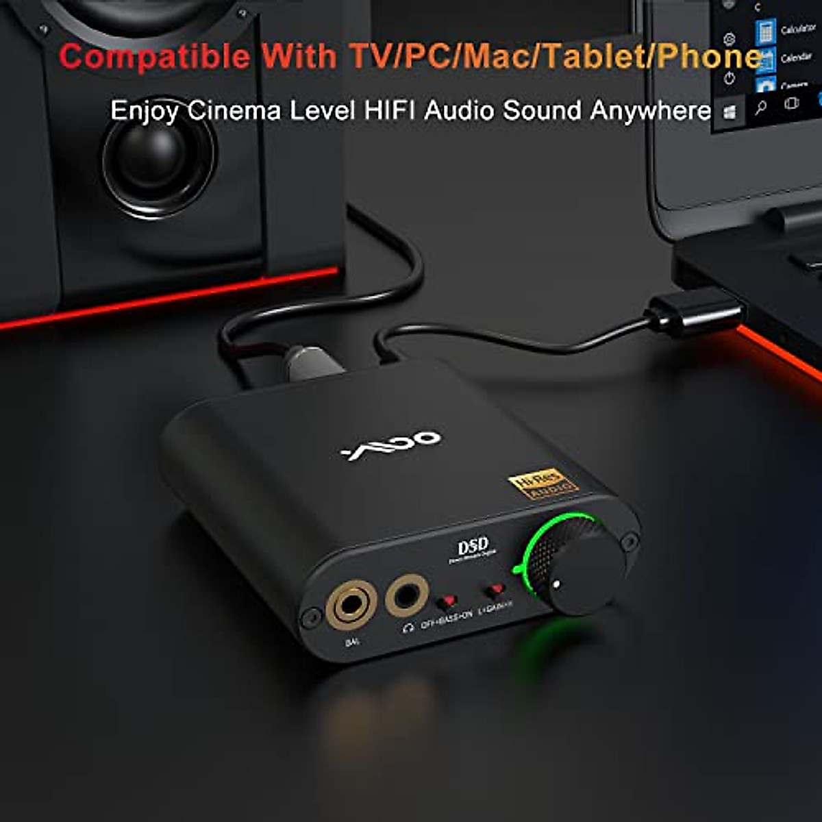 YMOO Portable Headphone Amp DAC, DSD512 and 768K/32Bit, 16Ω-600Ω/35mW/Hi-Res Hi-Fi Desktop DAC for PC Headphone Out/iPhone, 3.5mm/4.4 mm/Optical/Coaxial Output for Windows/Android/IOS/PS5/Home Audio