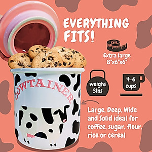 Cow Cookie Jar for Kitchen Counter Airtight Lids - Cute Ceramic Cow Gifts for Cow Lovers - Non Scratch Cow Print Stuff Gifts for Women - Food Storage Containers Cow Decor For Christmas (Large 8" x 6")